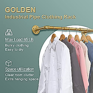 Industrial Pipe Clothing Rack, 29 Inch Wall Mounted Clothes Rack, Gold Clothing Rod for Closet Storage, Laundry Room and Balcony, Multi-Purpose Hanging Bar (Gold)