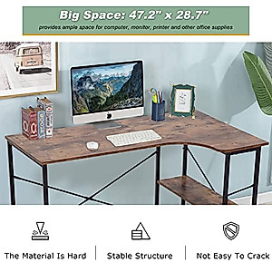 PayLessHere 47" Computer Desk Writing Bookshelf, L-Shaped Simple Modern Study Desk Laptop Table Workstation for Home Office, Easy Assembly, Dark Brown