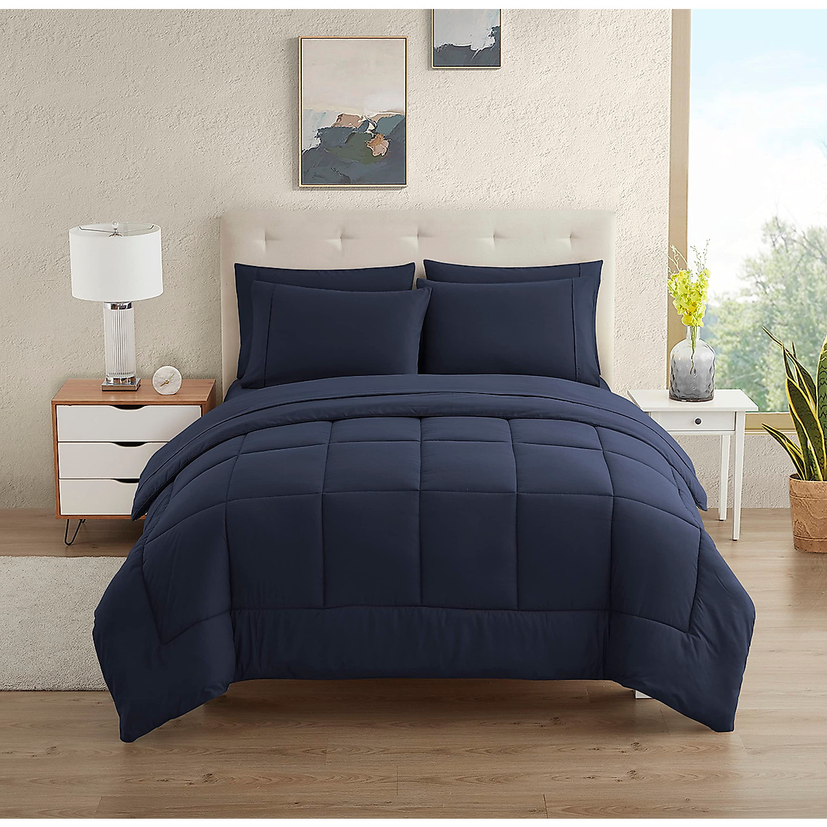 Dorm Room Essentials College Bedding Comforter Set 5 Piece Twin XL Size Bed in a Bag for College Students Boys and Girls, Twin XL, Navy Blue