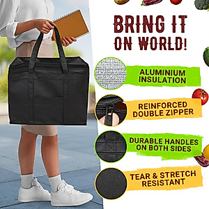 APQ Supply Black Insulated Food Delivery Bag 16 x 13 x 9 Inches, Insulated Grocery Bags with Zippered Top, Pack of 2 Heavy Duty Catering Bag for Food Deliveries, Insulated Bags for Food Delivery