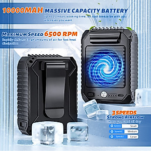 Goldenbbjoy Portable Waist Clip Fan Neck Fan, 10000mAh Battery Powered Belt Fan, Body Fan with 3-Speed, Strong Airflow for Jobsite Farm Fishing Gardening, Black…