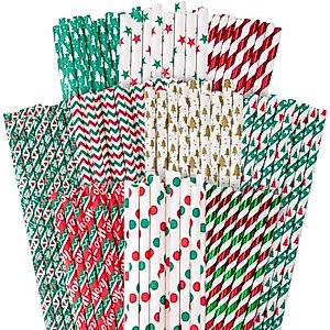 HAKSEN 125PCS Christmas Paper Straws, 10 Styles Red and Green Christmas Drinking Straws Stripes Christmas Straws for Drinks Party Wedding Favors DIY Crafts Supplies