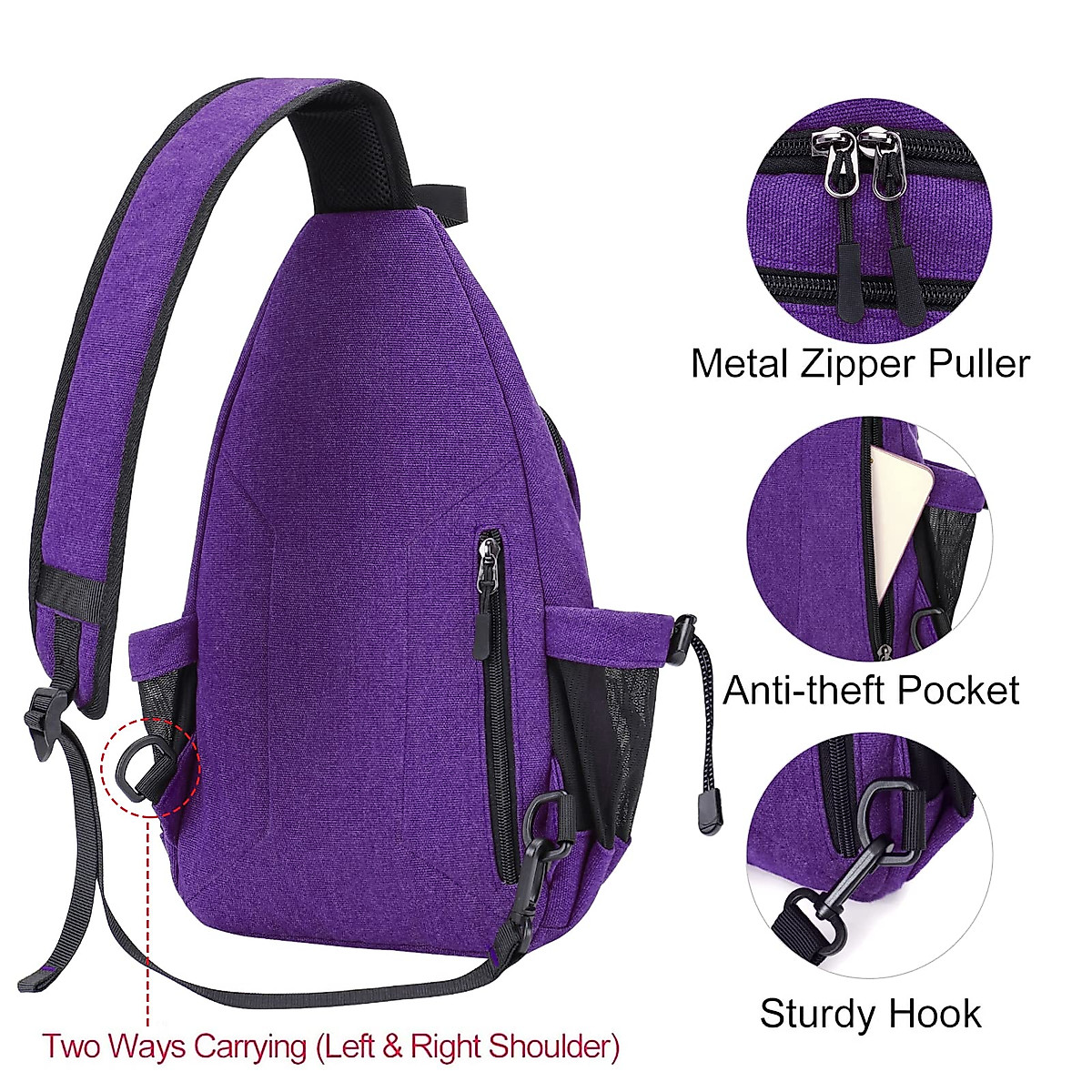 MOSISO Sling Backpack,Canvas Crossbody Hiking Daypack Bag with Anti-theft Pocket, Purple