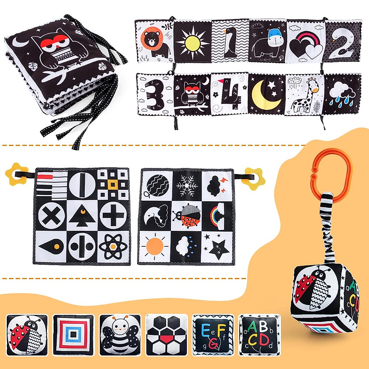 Oarifun 3 in 1 High Contrast Baby Toys 0-3 Months for Newborn, Montessori Tummy Time Toys Sensory Crinkle Toys for Brain Development, Soft Book Toys for Babies Girls Boys Baby Toys