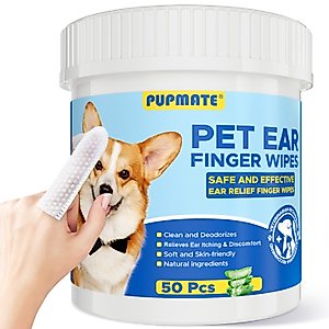 PUPMATE Ear Finger Wipes for Dogs & Cats - Cleaning Earwax & Debris - Relieves Ear Itching & Discomfort - Fresh Aloe Scent - Sooths & Repair, Natural Ingredients-50 Count