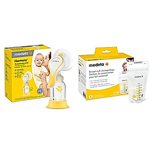 Medela New Harmony Manual Breast Pump with Flex Breast Shield and 100 Count Breast Milk Storage Bags, Compact Single Hand Breastpump, Ready to Use Breastmilk Bags for Breastfeeding