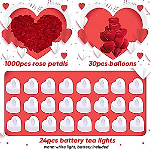 Homemory Romantic Night For Her Set, 1000Pcs Artificial Rose Petals | 30Pcs Burgundy Heart Balloon | 24Pcs Battery Candles, Heart Tea Lights Candles for Romantic Night, Valentine, Wedding, Anniversary