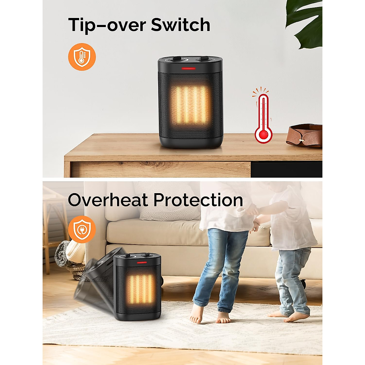 Space Heaters for Indoor Use, Portable 1500W/900W PTC Ceramic Space Heater, Small Space Heater with Thermostat, Three Modes, Overheat and Tip-Over Protection for Office Home