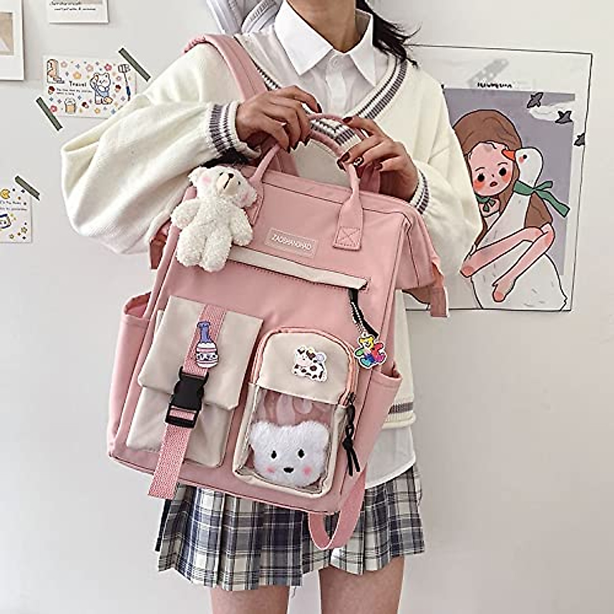 CM C&M WODRO Kawaii Backpack for Girls Women with Pin Bear Accessories Cute College High School Backpack Laptop Bookbag Pink