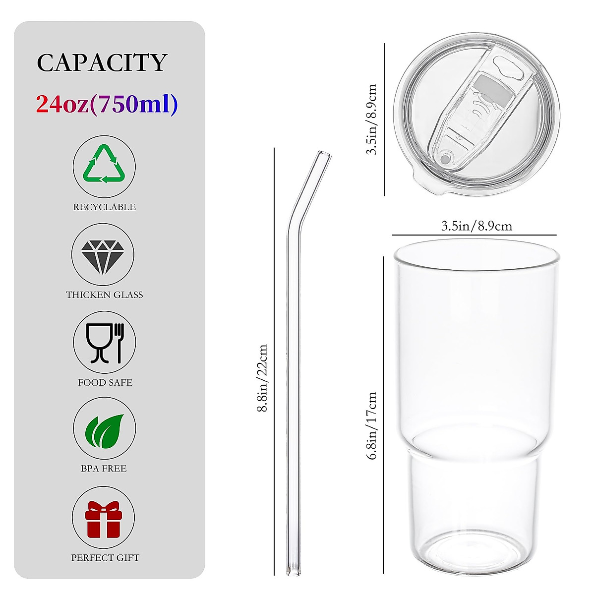 Dingerjar Glass Tumbler with Lid and Straw, Borosilicate Glass Iced Coffee Cup Smoothie Cups 24 oz/750ml for Hot or Cold Drinks