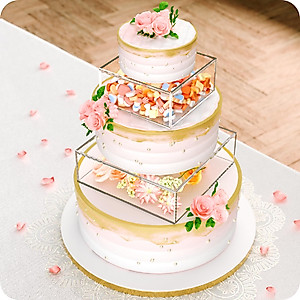 2PCS Clear Acrylic Cake Stand, Fillable Cake Box Riser Cake Tier, Square Cake Display Box with Lid, Decorative Centerpiece Box for Wedding Birthday Party (2pcs, 10" Dx4” H; 6" Dx4” H, 2M LED Lights)