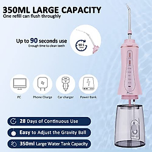 MOCEL Water Dental Flosser Oral Irrigator with 5 Modes, 350ml Cordless Water Teeth Cleaner Pick 6 Tips, IPX7 Waterproof Portable Powerful Battery for Travel & Home Braces & Bridges Care (Pink)