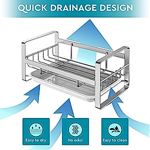 JiangWaveT Sponge Holder,SUS304 Stainless Steel Rust Proof Soap Holder for Kitchen Sink,Kitchen Sink Organizer, Sink Caddy, Sink Tray Drainer Rack with Removable Tray,Silver
