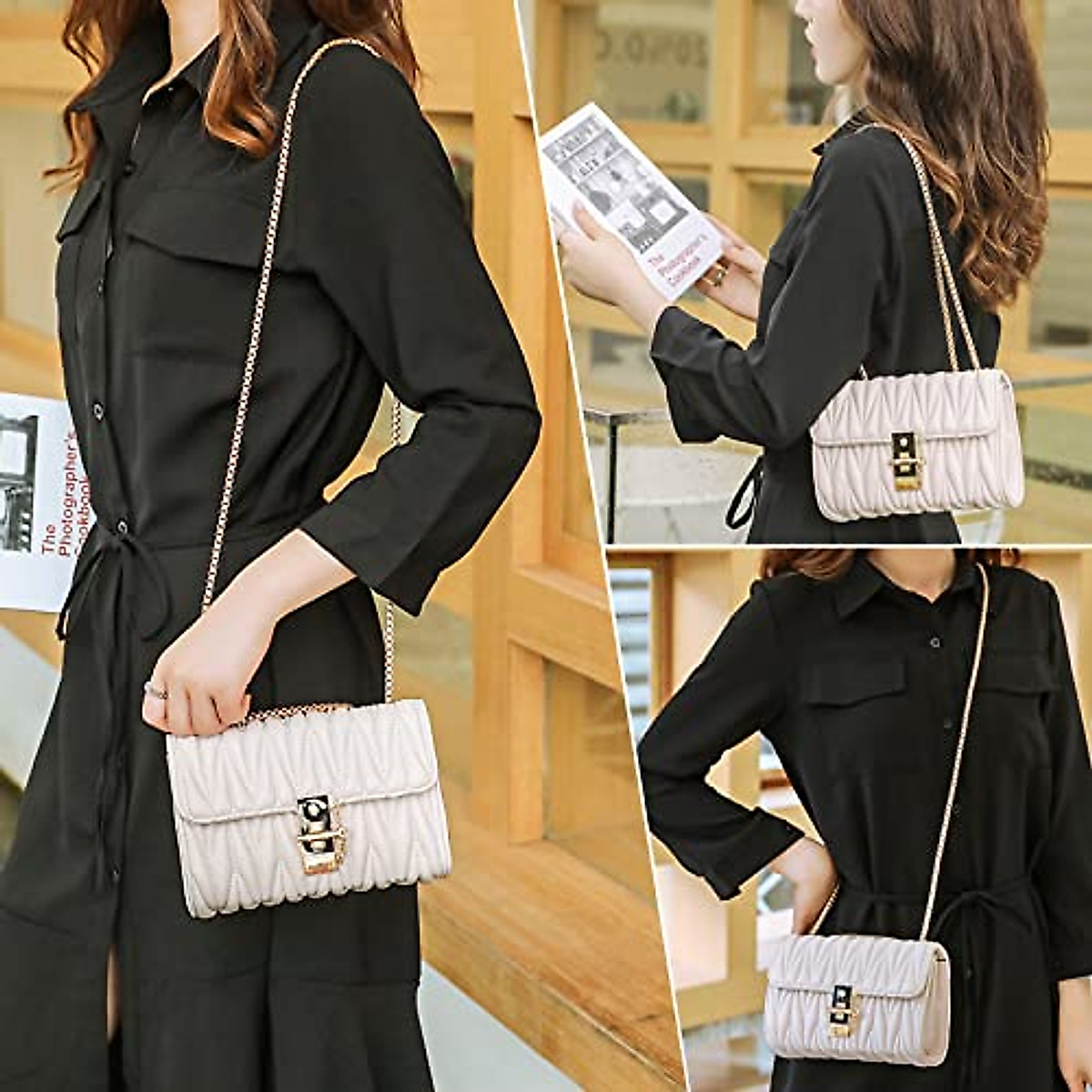 LesunPan Quilted Crossbody Bags for Women Leather Shoulder Bag Handbag Ladies Small Purses with Chain Strap and Lock