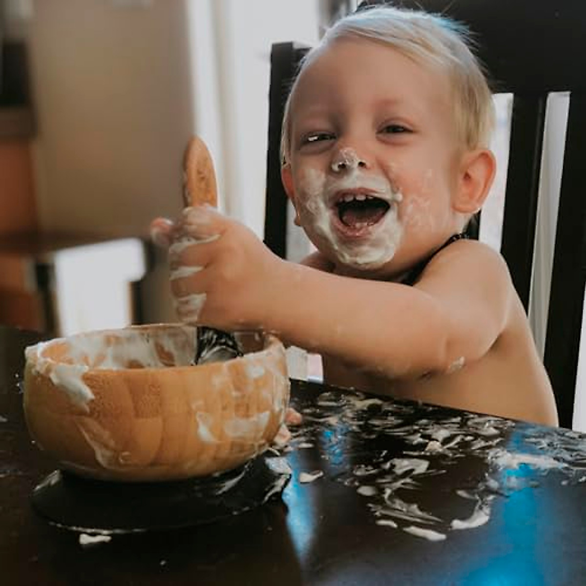 Avanchy Bamboo Baby Divided Plate, Bowl & Spoons Set - Baby Cutlery - Bamboo Kids Bowl - BPA Free Bowl - Bamboo Kids Utensils - Bamboo Kids Bowl (Gray)