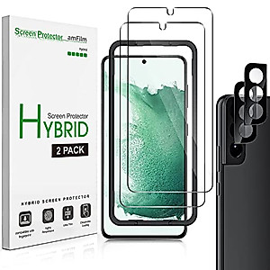 amFilm Screen Protector for Samsung Galaxy S22 5G 6.1 Inch [100% Fingerprint ID Compatible] with Tempered Glass Camera Lens Protector and Easy Installation Tray, HD Clear, Hybrid Film, 2+2 Pack