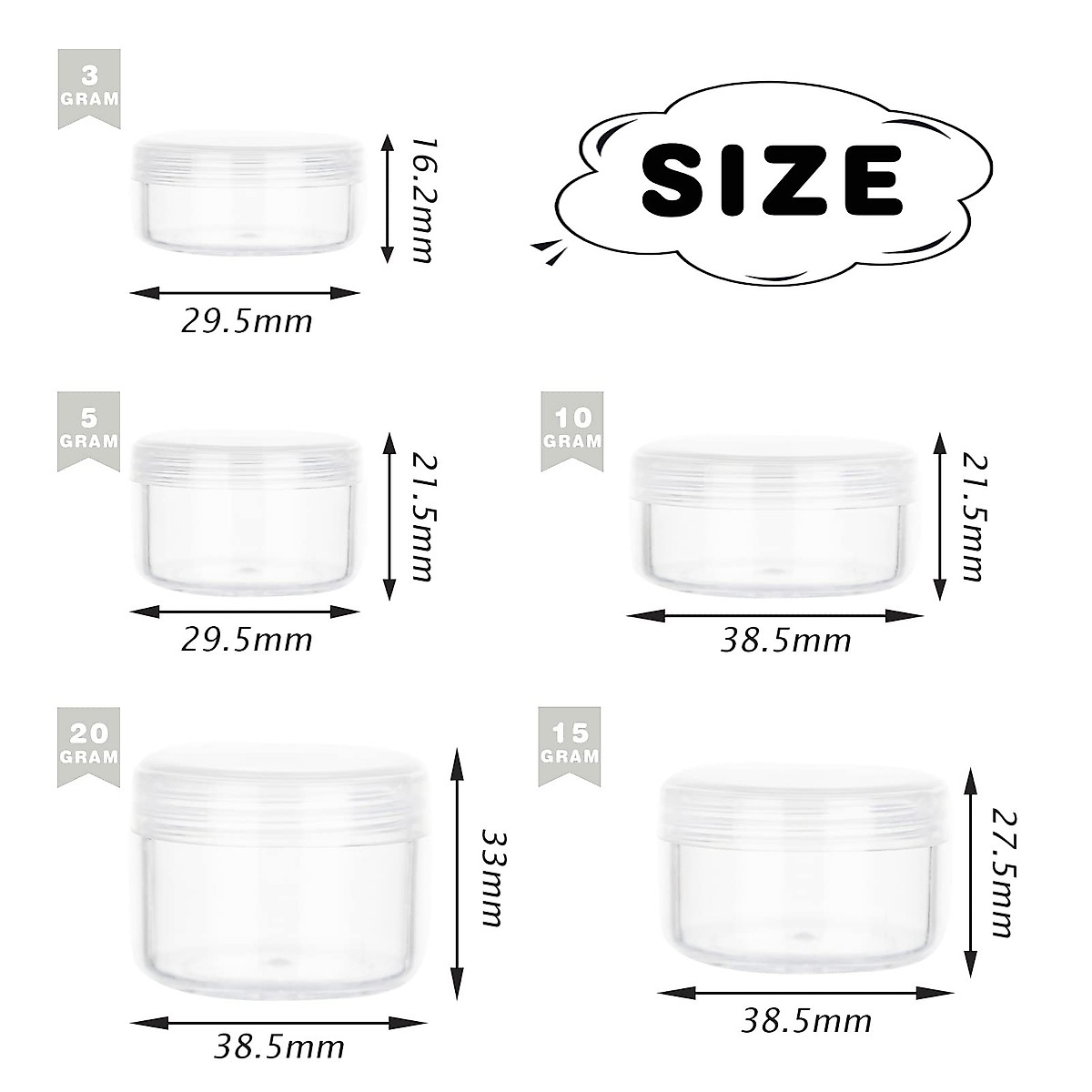 10 Pieces Small Travel Containers, 3/5/10/15/20 Gram Size Travel Jars, Cosmetic Travel Size Containers for Lotions and Creams, Plastic Sample Containers Jars with 12pcs Labels, 2pcs Mini Spatula