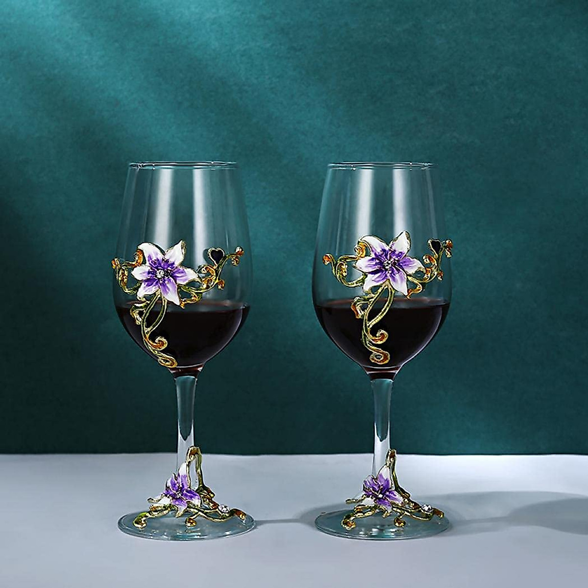 XUDREZ Wine Glasses Enamels flower Lead-free Wine Glasses Set Handcrafted Floral Goblets with Gift Box For Women Wife Mom Friends Mothers Valentines Day (Purple double gift box)