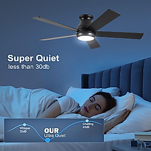 POCHFAN 52 Inch Black Ceiling Fans with Lights and Remote, LED Low Profile Flush Mount Ceiling Fan for Bedroom, Living Room, with Quiet DC Motor, Dimmable 6 Speeds