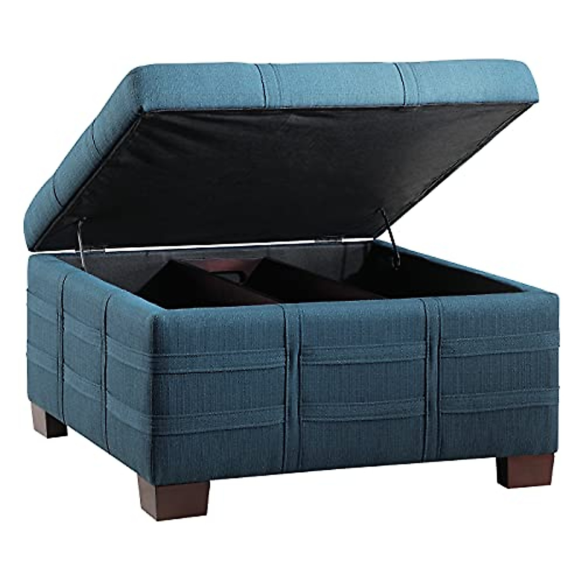 OSP Home Furnishings Detour Strap Square Storage Ottoman with Tray and Solid Wood Legs, Azure Fabric