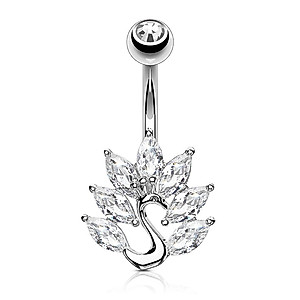 Forbidden Body Jewelry Surgical Steel CZ Simulated Diamond Feathers Peacock Belly Button Ring