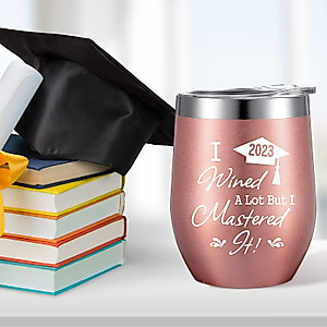 Graduation Gifts for Mastering Degree 12 oz Graduation Tumbler Stainless Steel Wine Tumbler with Lid Cleaning Brush and Gift Box Funny Gifts for University Graduate College Grad (2023 Text Style)