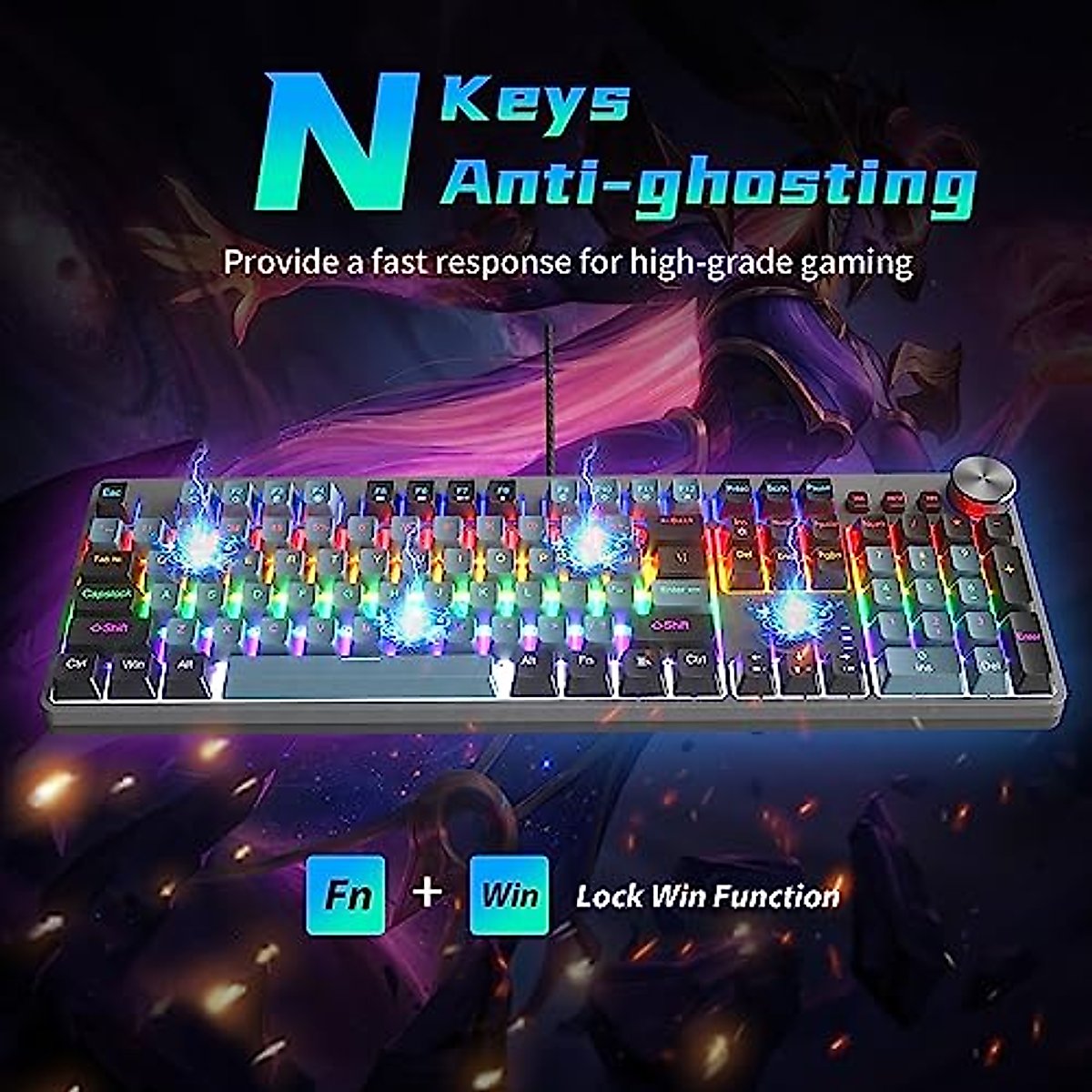 Mechanical Gaming Keyboard, RGB Backlit 104 Keys Full Size Keyboard with Multimedia Knob, Double Shot Keycaps, Full Anti-Ghosting, Blue Switch Wired Computer Keyboard for Windows PC Mac Xbox Gamer