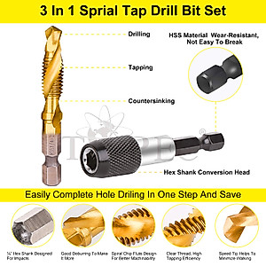 TOPEC Tap Bit Set, 3-in-1 HSS Titanium Coated Drill Tap Combination, 13 PCS SAE/Metric Threading tap Drill bit Set with 1/4 Inch Hex Shank, and Quick-Change Adapter