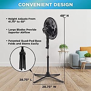 Comfort Zone CZST161BTEBK 16” Oscillating Pedestal Fan, 3-speed Options, 90-Degree Oscillating Head, Adjustable Height and Tilt, Powerful Air Flow, Black