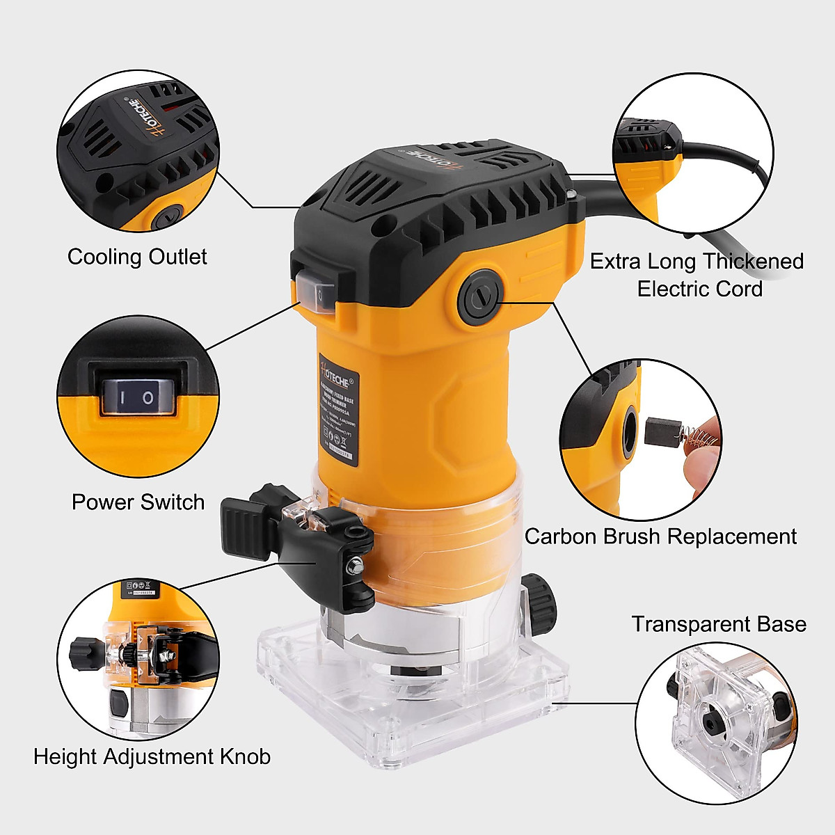 Hoteche Cpmpact Router 4.8-Amp/580W Wood Trimmer Fixed Base Electric Palm Router with 1/4" Collet for Wood Working Slotting, Trimming, Carving