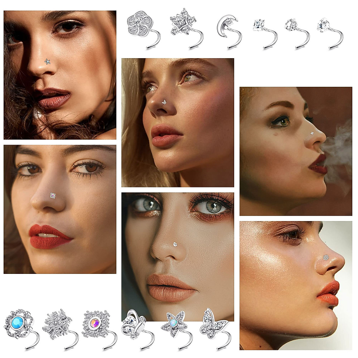 Ubjuliwa 12Pcs 20G Stainless Steel Nose Rings Stud for Women Screw L Shaped Nose Studs Cubic Zirconia Moon Star Snowflake Flower Butterfly Nose Piercing Stud