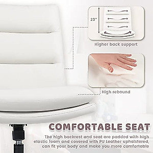 LEMBERI PU-Padded Armless Office Desk Chair No Wheels,High-Back Wide Seat Home Chair,120° Rocking Cross Legged Computer Task Chairs,Modern Adjustable Swivel Vanity Chairs (White)
