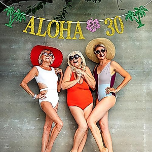 Hawaiian Aloha 30 Banner, Cheers to 30 Years Bunting Sign, Happy 30th Birthday Party Decorations Supplies, Hawaiian Tropical Luau Favors Sign Photo Booth Props, Gold Glitter