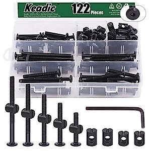 Keadic 122Pcs M6 x 35/45/55/65/75mm Baby Bed Screws Hardware Replacement Kit, Black Hex Socket Cap Bolts Barrel Nuts Assortment Kit for Furniture Cots Beds Crib, 1 Hex Key and Plastic Box for Free