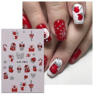 JMEOWIO 10 Sheets Glitter Christmas Nail Art Stickers Decals Self-Adhesive Pegatinas Uñas Cute Snowman Snowflake Line Xmas Winter Holiday Nail Supplies Nail Art Design Decoration Accessories