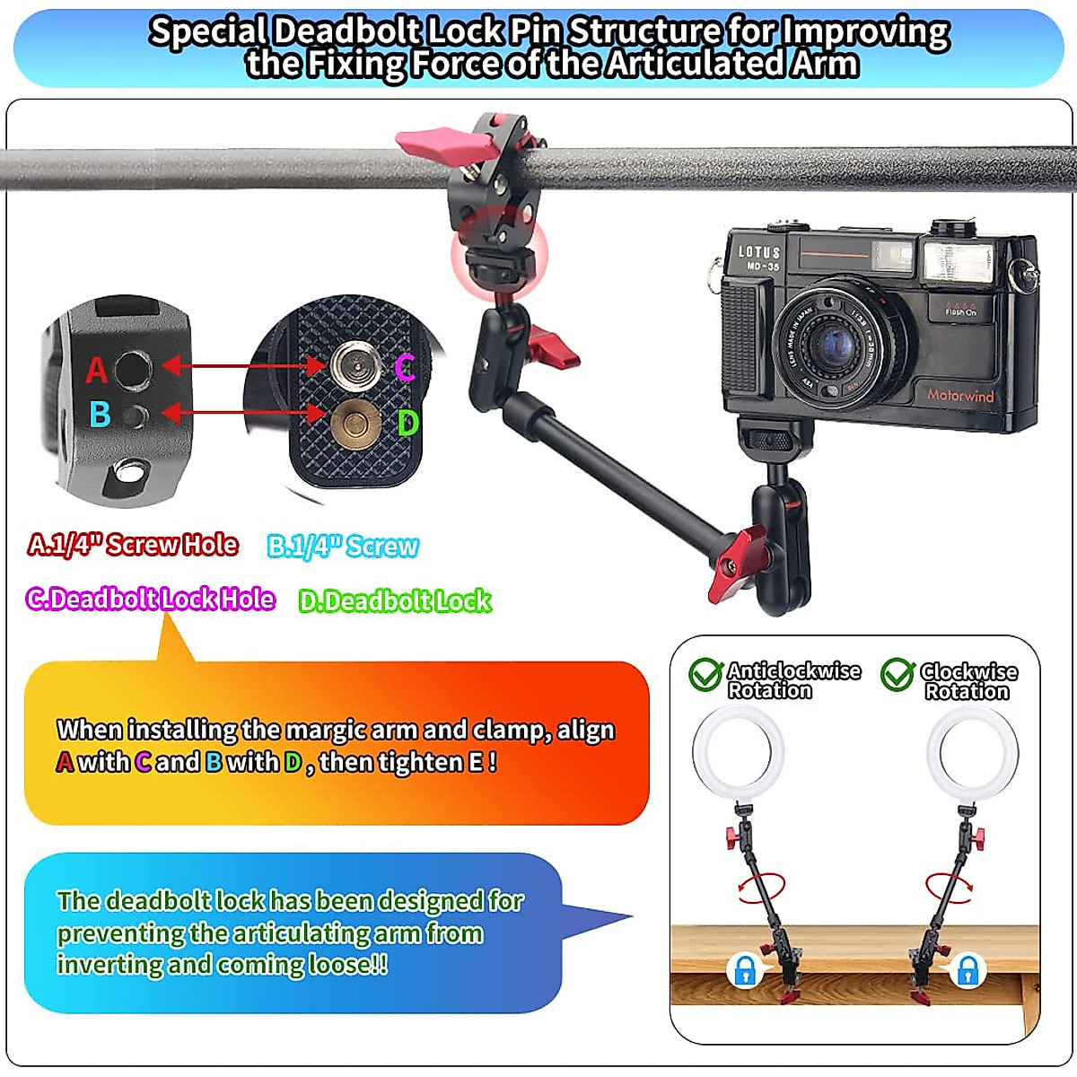 JEBUTU 13"/34cm Magic Arm w Clamp, Camera Mount & Clamp w 1/4" 3/8" Threads and Articulating Friction Magic Arm, Overhead Phone Mount, Camera Boom Arm Mount for Light Webcam Mic Action Camera Monitor