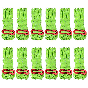 Azarxis Reflective Tent Guide Rope Lightweight Guy Line Cord with Aluminum Adjuster Tensioner for Camping Hiking Backpacking Essential Survival Gear 13 ft per piece (Fluorescent Green - 4mm - 12 Pack)