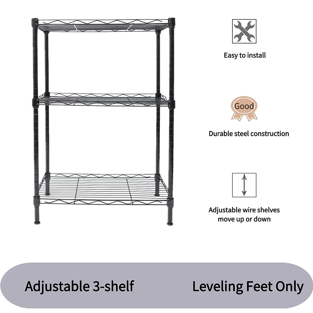 YL traV 3 Tier Kitchen shelves,Wire Shelving, Shelving Units and Storage Rack, Fixed Layer Spacing Storage Metal Large Capacity 17.3" L x 11.4" W x 31" H for Pantry Closet Kitchen Laundry Black