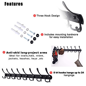 Dseap Coat Rack Wall Mount - 29.5” Long 8-Tri-Hooks Heavy Duty Coat Hanger Rail Wall Hooks for Hanging Coats Hats Clothing Clothes Purse Mudroom Entryway, Black