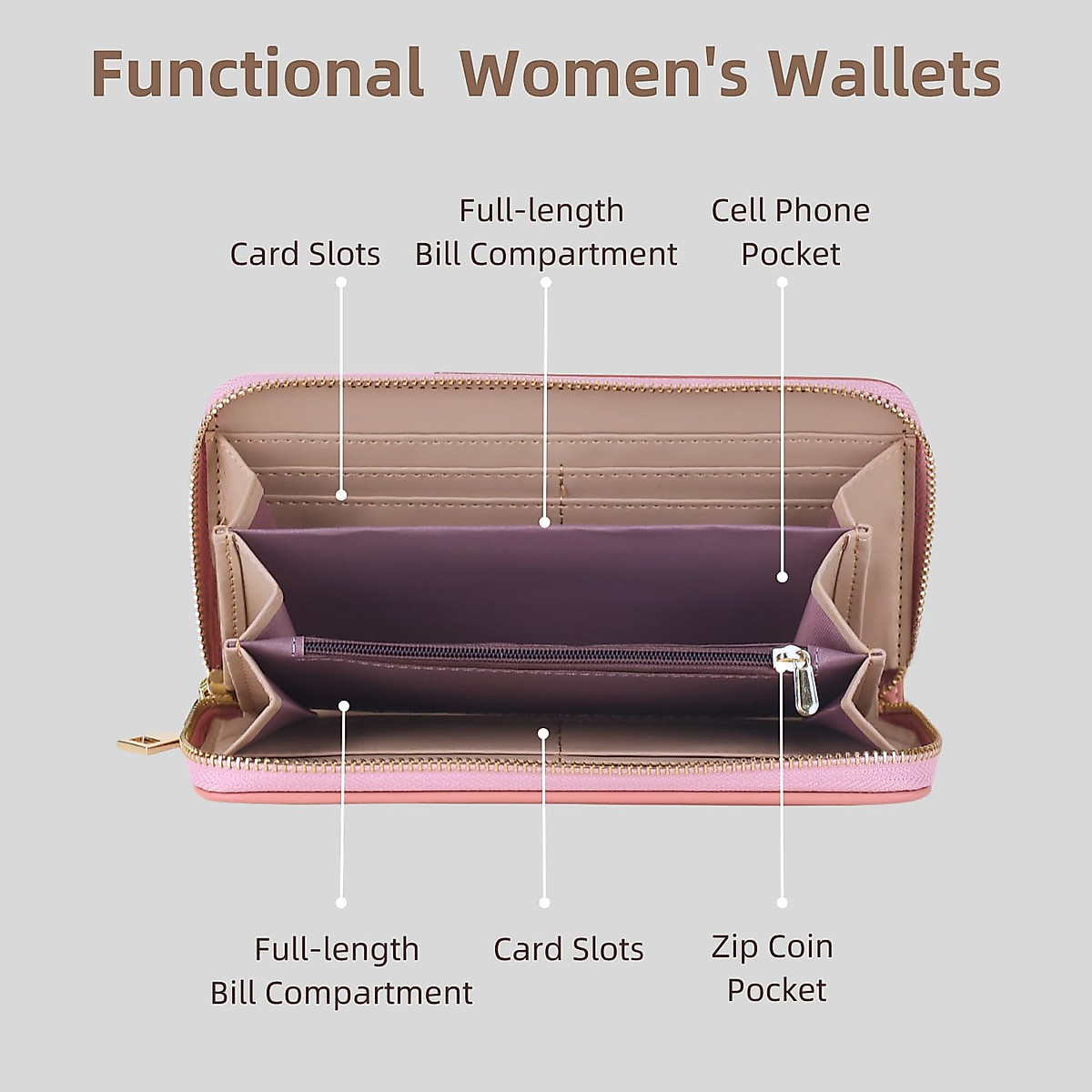 OYATON Wallet for Women - Large Faux Leather Women's Zipper Wristlet Wallet with Detachable Strap - Long Clutch Wallet with Cell Phone Pocket (Pink Red)