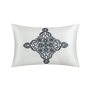 Chic Home CS2687-AN Chic Home 9 Piece Orchard Place Faux Silk Luxury Large Medalion Jacquard with Embroidery Details and Trims Queen Comforter Set Blue