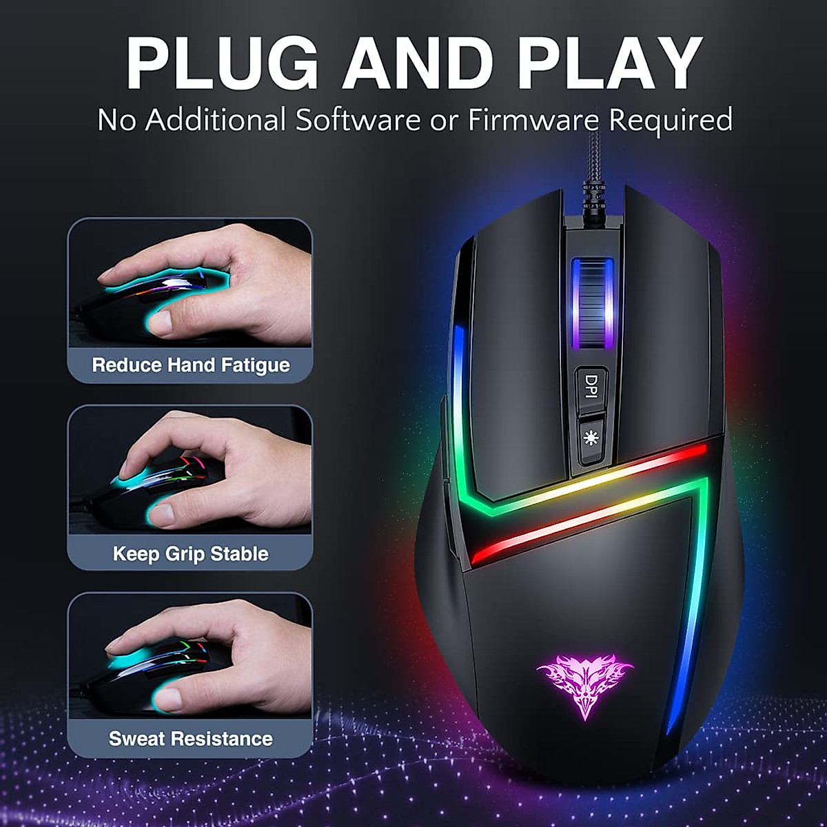 BENGOO Wired Gaming Mouse, PC Computer Mice USB Mouse with 6 RGB LED Modes, High-Precision 6 Adjustable DPI Up to 8000, 7 Programmable Buttons, Ergonomic Optical Mouse for Windows PC Mac Laptop Gamer