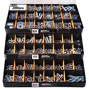 HongWay 2000pcs Hardware Assortment Kit, Nuts and Bolts Assortment Kit with 64 Sizes Bolts, Nuts & Washers Assortment and Metal & Wood Screw Organizer (3 Trays)