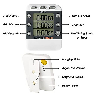 Photect 2 Pieces Digital Dual Kitchen Timer 3 Channels Count UP/Down Timer Cooking Timer with Magnetic Back Loud Alarm Large Display Countdown Timer for Cooking Classroom Kids Teacher Study