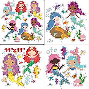 Mermaid Wall Decals Girls Bedroom and Bathroom Decor, 50 Peel and Stick Multicultural Mermaid Stickers for Girls, Includes 4 Sheets 11x11 inches Each Fun Reusable Decals