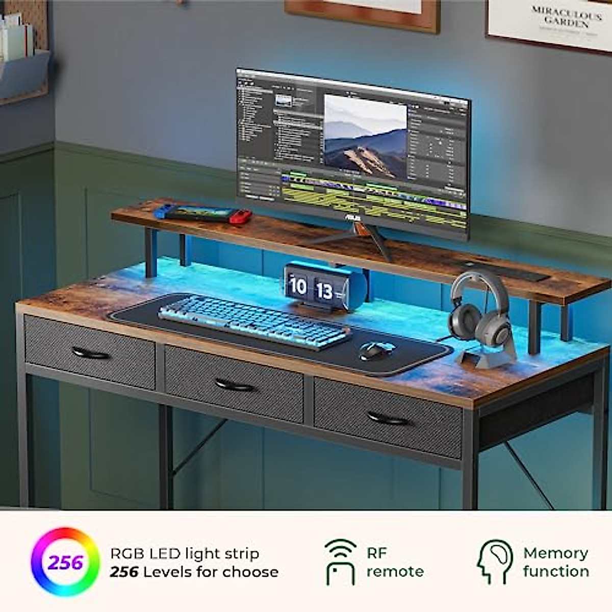 Huuger 47 inch Computer Desk with LED Lights & Power Outlets, Gaming Desk Home Office Desk with Storage Drawers, Rustic Brown