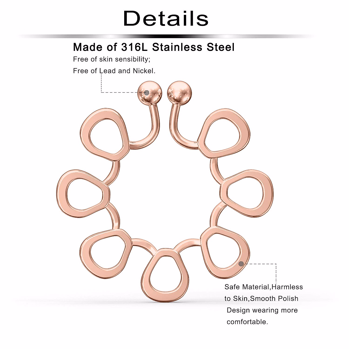 Ftovosyo Fake Nipplerings Piercings Adjustable Clip On Nipple Rings Stainless Steel Non-Piercing Nipple Jewelry for Women Rose Gold