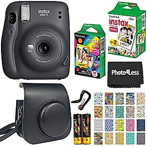 Fujifilm Instax Mini 11 Instant Camera - Charcoal Grey (16654786) + Fujifilm Instax Mini Twin Pack Instant Film (16437396) + Single Pack Rainbow Film + Case + Travel Stickers