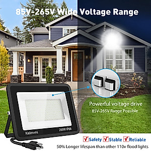 kelinvmi 200W LED Flood Light Outdoor, 20000lm High Brightness Outdoor Work Lights with US Plug, 6500K IP66 Waterproof Outdoor Lights for Garage, Porch, Stadium, Garden, Playground