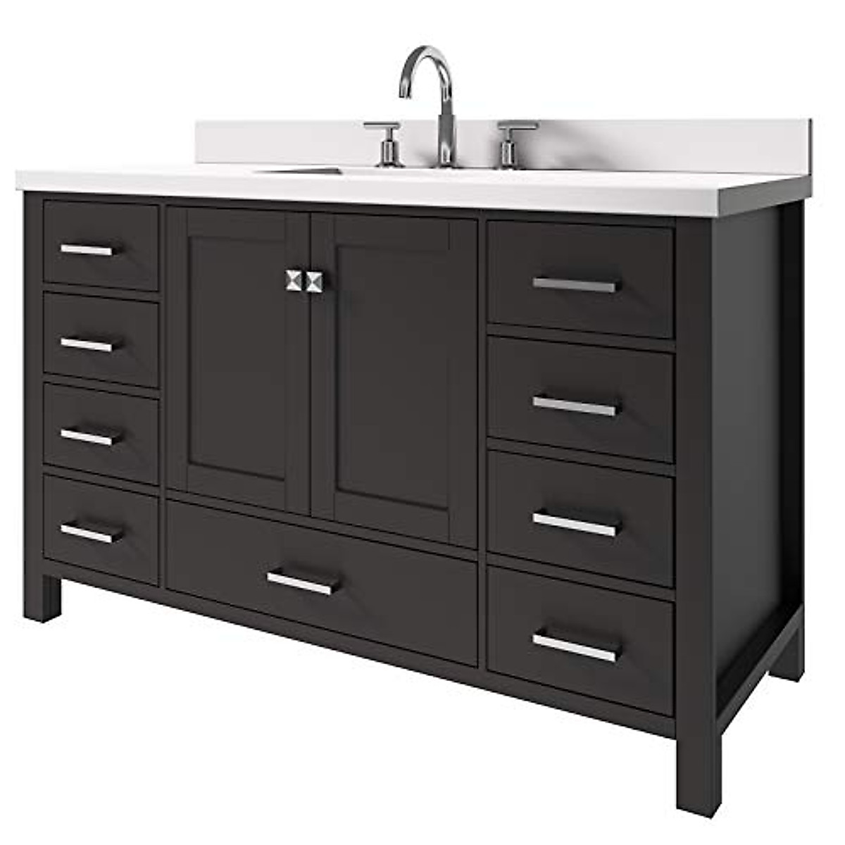 ARIEL Bathroom Vanity 55" Inch in Espresso with Pure White Quartz Countertop, Rectangular Sink, 2 Soft Closing Doors and 9 Full Extension Dovetail Drawers, No Mirror